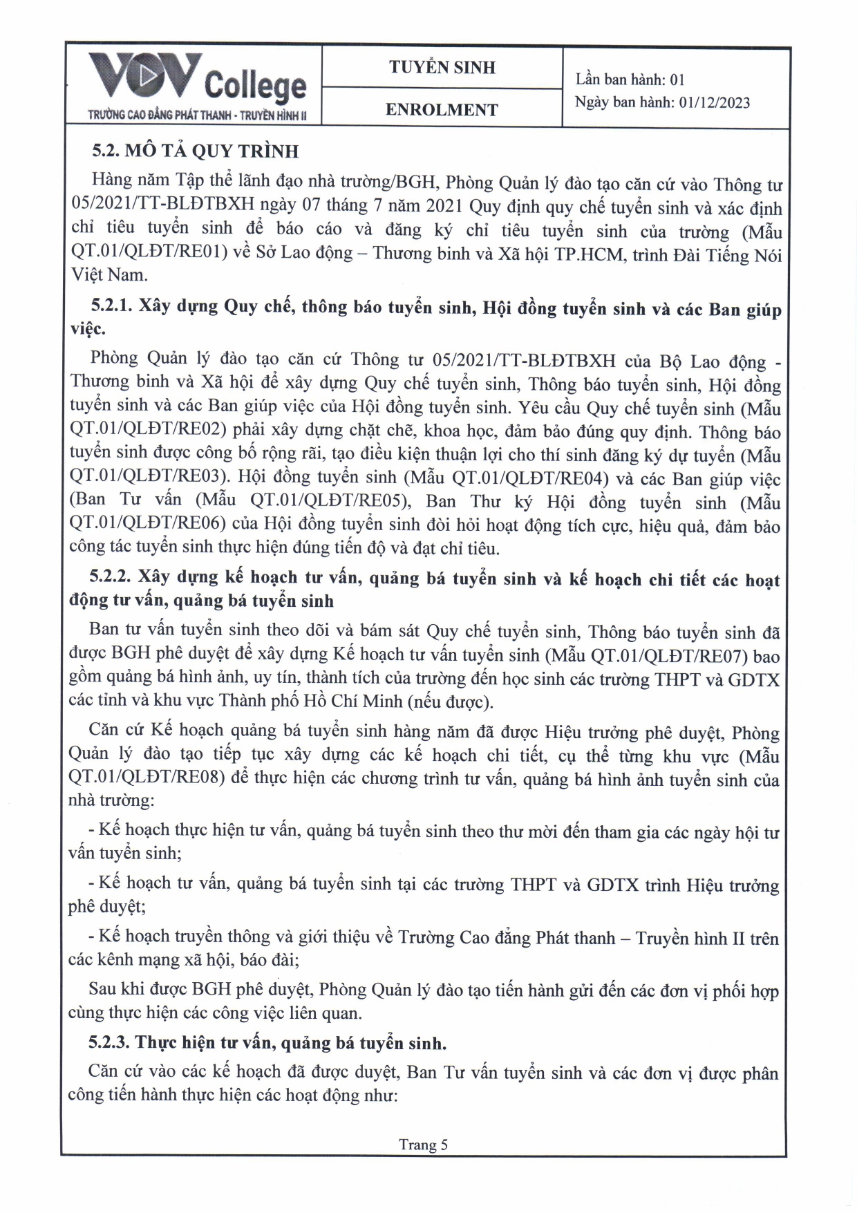 Quy trình tuyển sinh | vov.edu.vn